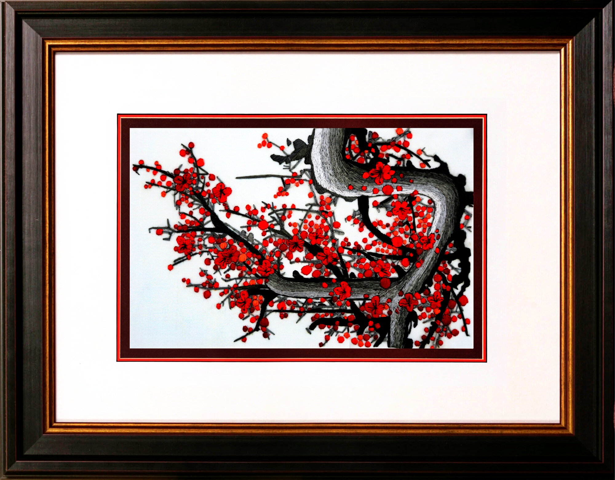 Декоративная настенная картина Живой Шелк Двухсторонняя Японская сакура, вышивка шелком ручная с 3Dэффектом/см 40х31х3/багет+паспарту