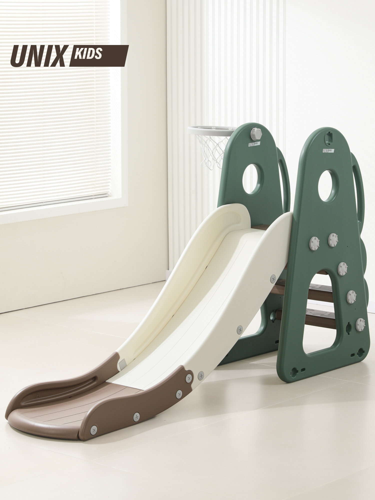 Горка детская для дома и улицы UNIX Kids Dino Green пластиковая со скатом 160 см