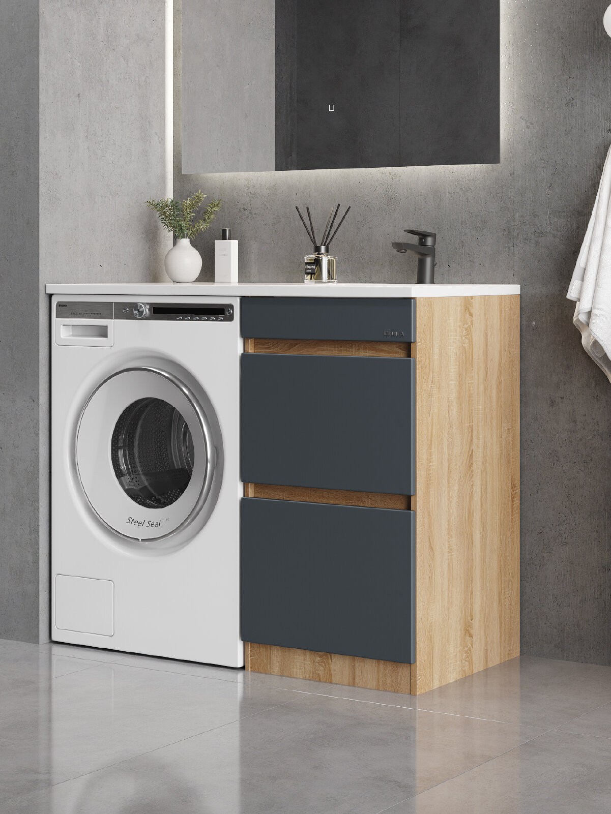 Тумба Onika Милтон 58 напольная под стиральную машину, серая/дуб сонома (ум. Марсал 120)