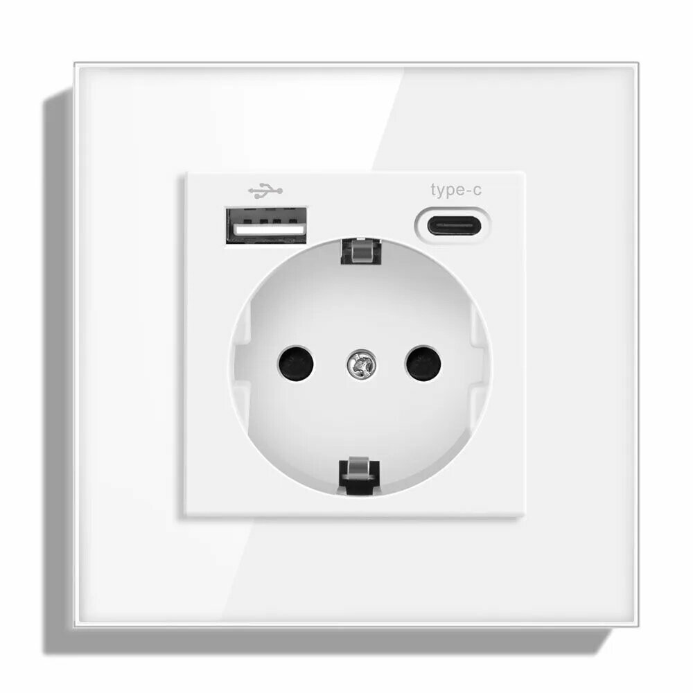 Розетка электрическая 2 поста, с Usb/Type-C АC, рамка 157х86мм стекло, цвет белый