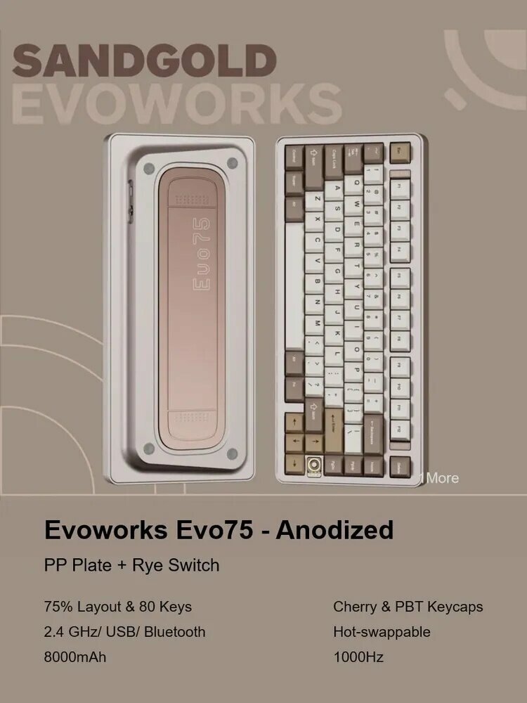EVOWORKS Клавиатура беспроводная Evo75, PP Plate + Rye Switch, Английская раскладка, светло-бежевый, хаки
