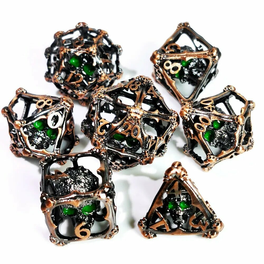 Металлические кубики днд с черепами - Набор дайсов для DnD (7 шт.) - Кости игральные из цинкового сплава для Dungeons & Dragons, RPG