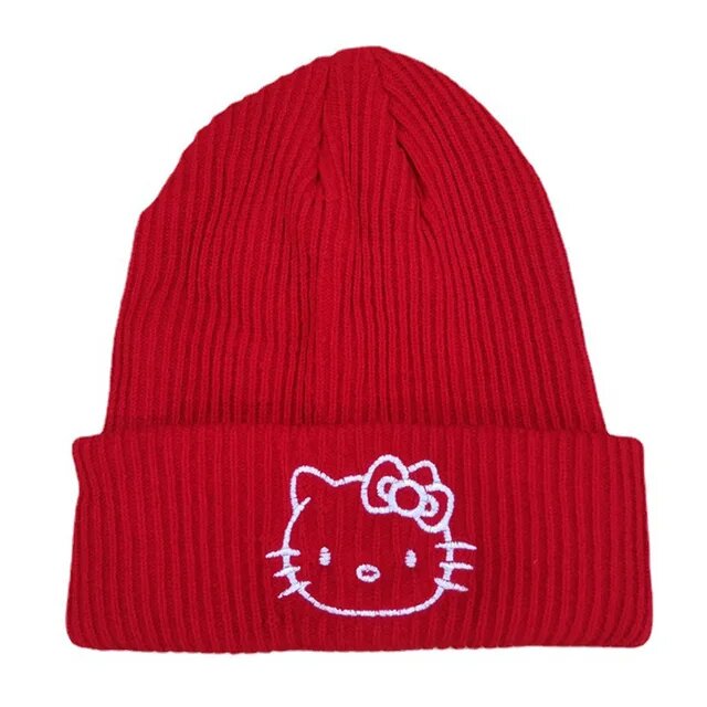 Милая вязаная шапка с вышивкой Hello Kitty от Sanrio, шерстяная шапка цвета корицы, пуловер Kuromi, теплая шапка с кошкой, новая модель 2024 года.