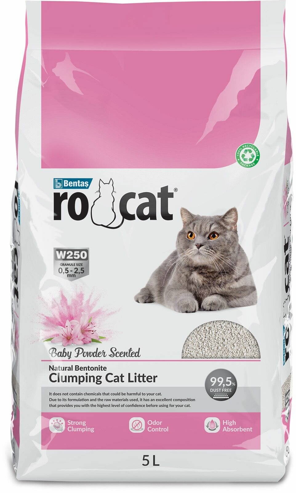 Ro Cat Baby Powder Наполнитель для туалета кошек, комкующийся, с ароматом детской присыпки, 5 л, 4.25 кг
