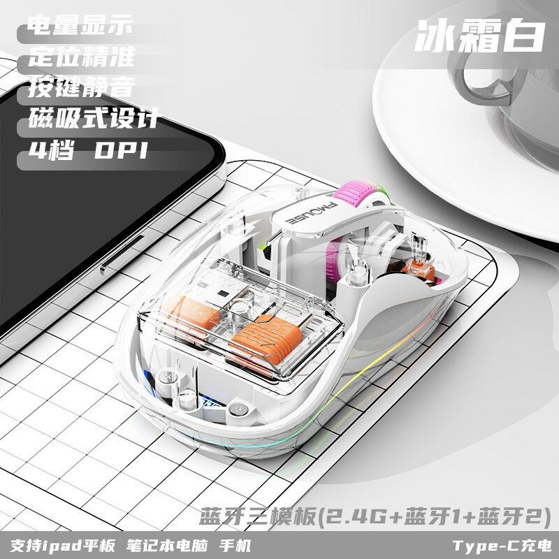 Двойной приемник, прозрачный светодиодный беспроводной мышь Bluetooth, тихая, заряжаемая для телефона, планшета,