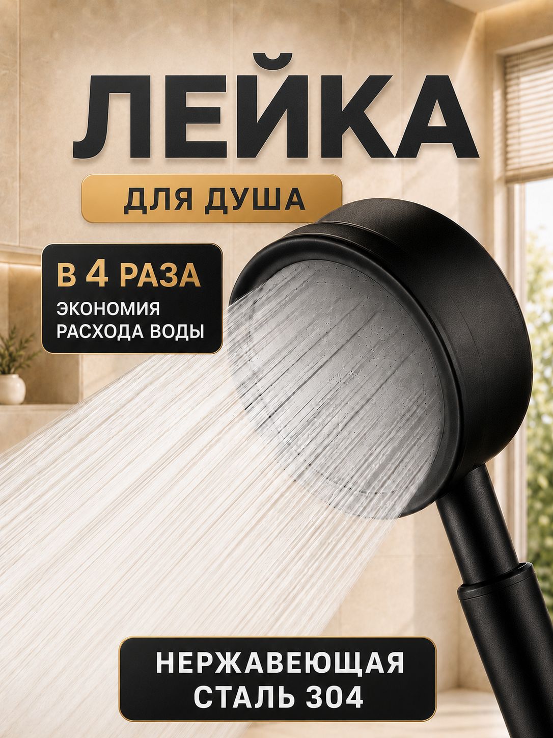 Лейка для душа металлическая цвет черный матовый из нержавеющей стали SUS 304, водосберегающая и массажным эффектом.