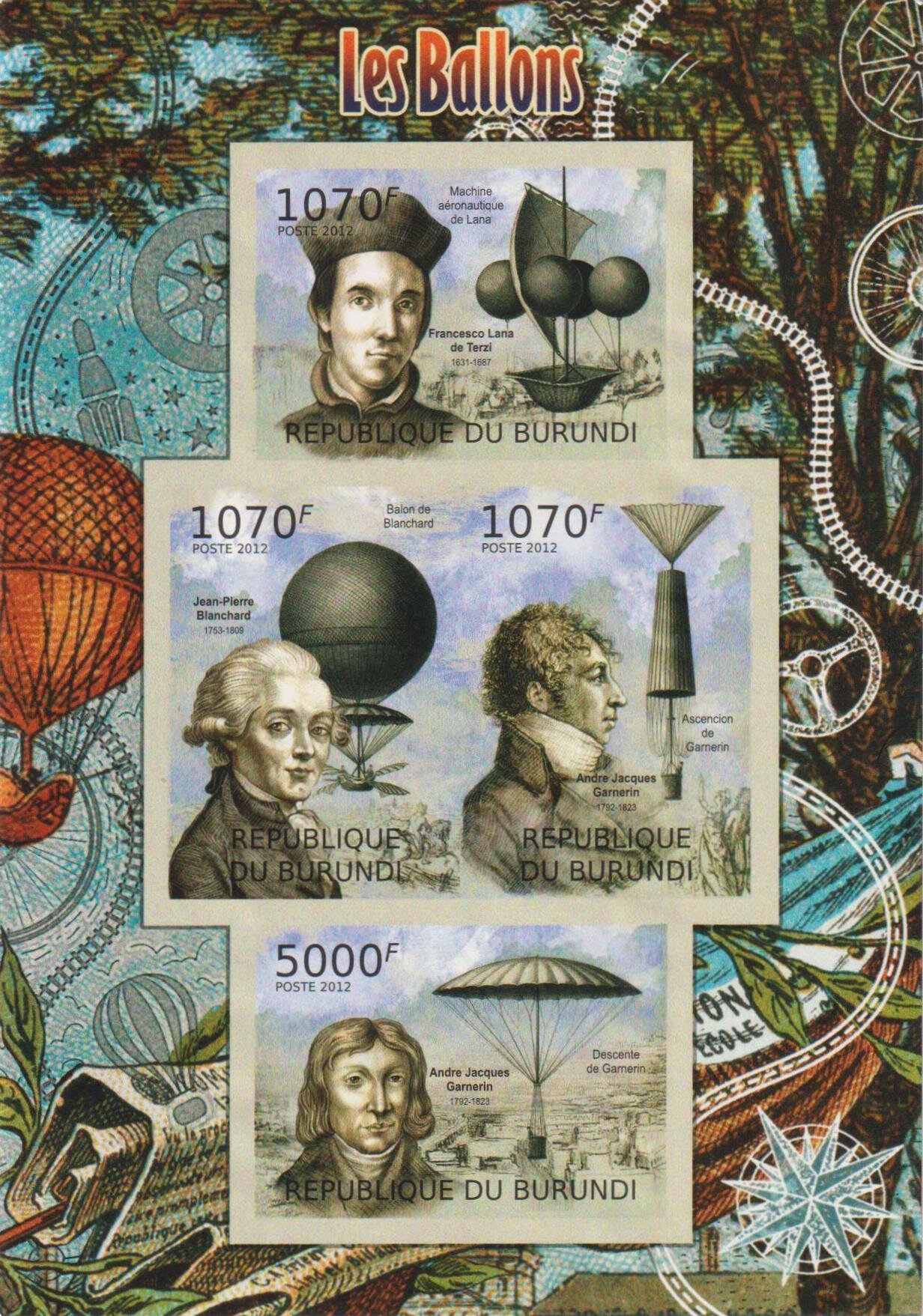 Почтовые марки Бурунди 2012г. "Пионеры аэронавтики" Воздушные шары, Авиация MNH
