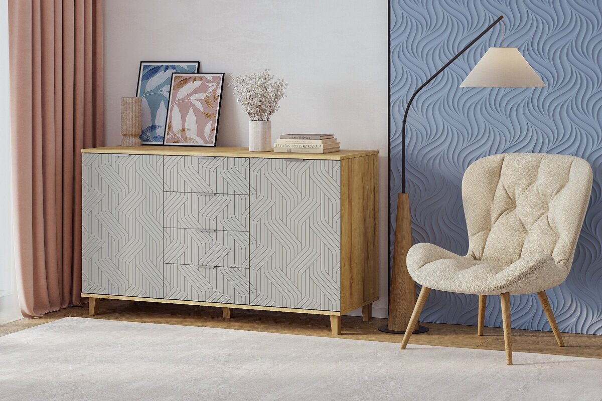 Комод МебельЛэнд24 Марвин 25 фрезеровка 3 Сантьяго 140x40x80 серый двухдверный с 4 ящиками