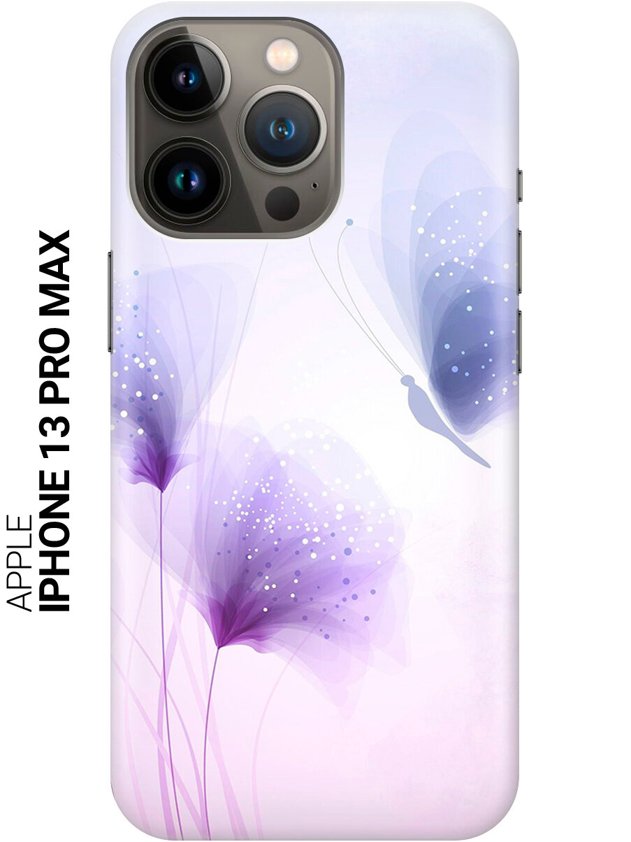 Силиконовый чехол на Apple iPhone 13 Pro Max / Эпл Айфон 13 Про Макс с рисунком "Бабочка и фиолетовые цветы"