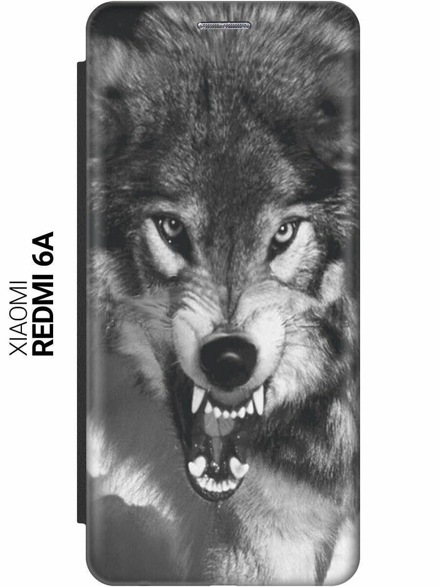 Чехол-книжка на Xiaomi Redmi 6A, Сяоми Редми 6А с 3D принтом "Волчий оскал" черный