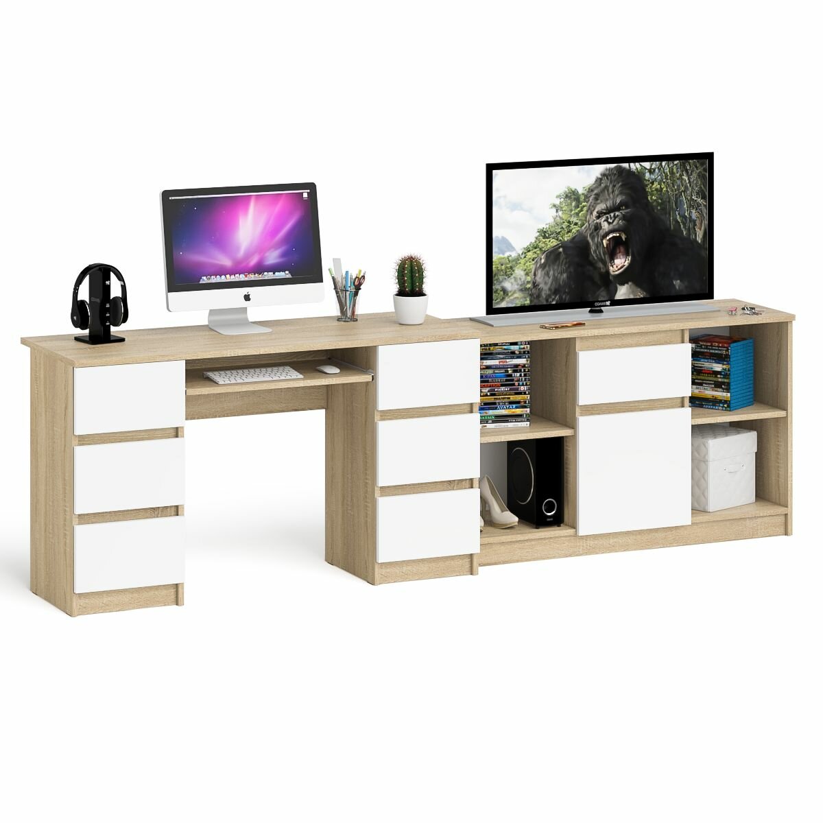 Компьютерный стол для дома, для школьника письменный Спасибо-Мебель 256см дуб сонома/белый