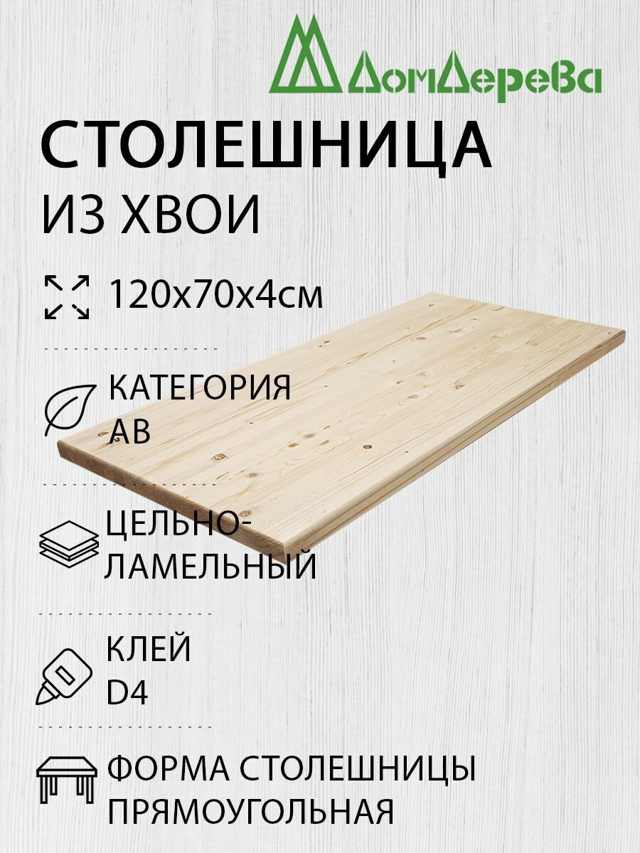 Столешница для стола деревянная 1200х700х40мм Хвоя Прямоугольная АВ