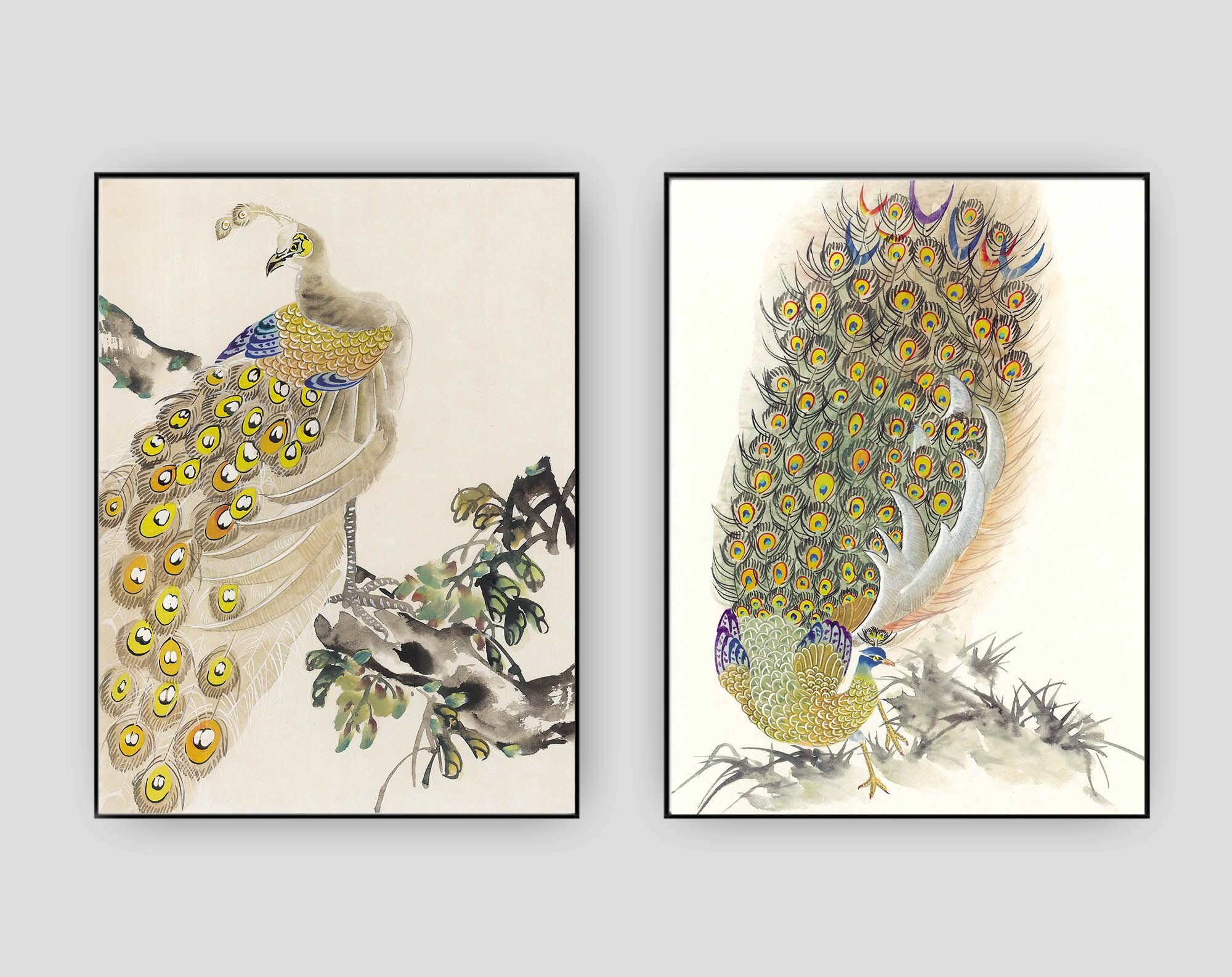 Набор восточных постеров - "Павлины" 2 шт А3 без рамы, ориентализм. 2 винтажных плаката в стиле японской гравюры "Минимализм и Модерн"