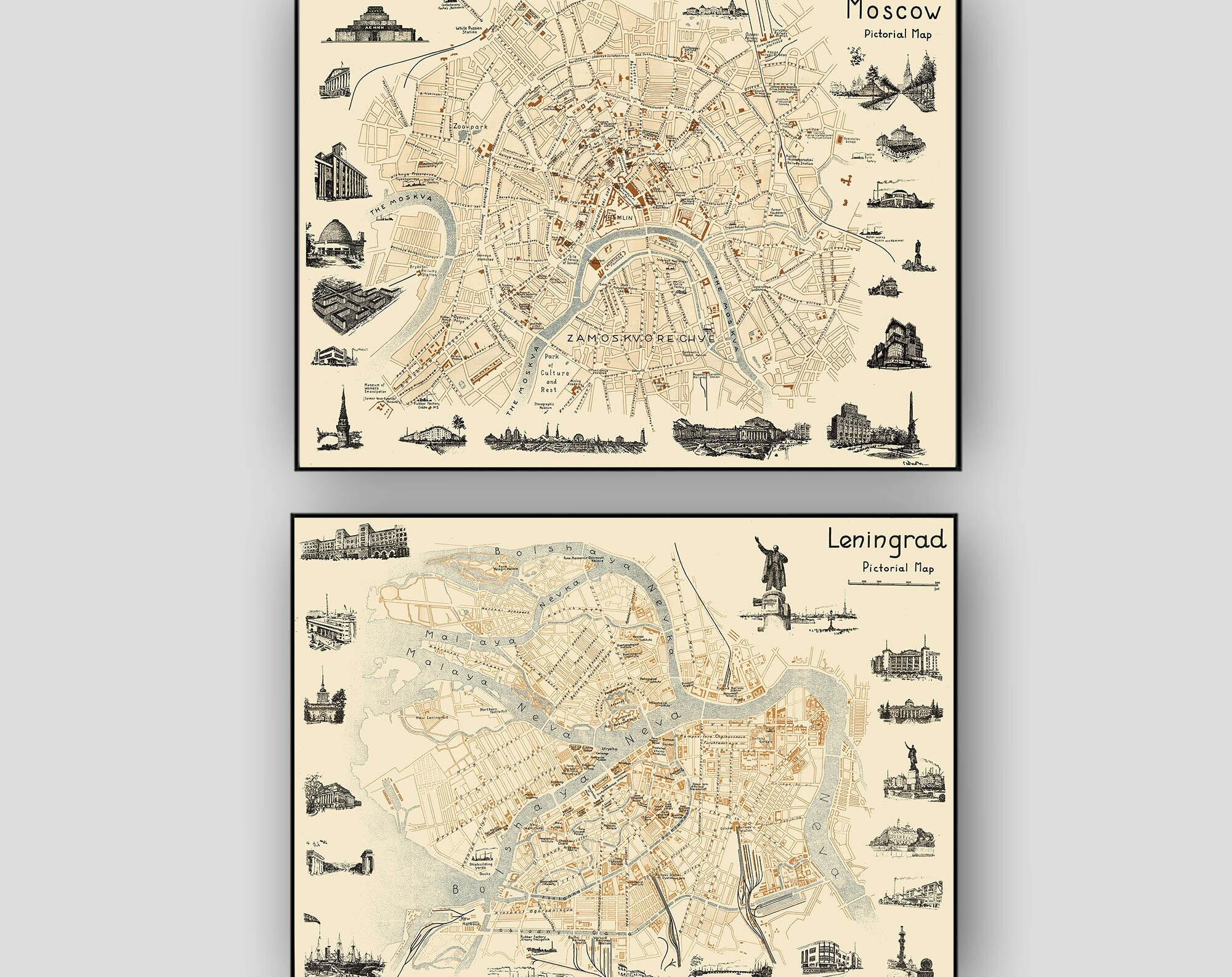 Винтажные карты "Москва и Ленинград" 1936 год, размер А2, без рамы / 2 Старинные Карты Москвы и Санкт-Петербурга 30-х годов
