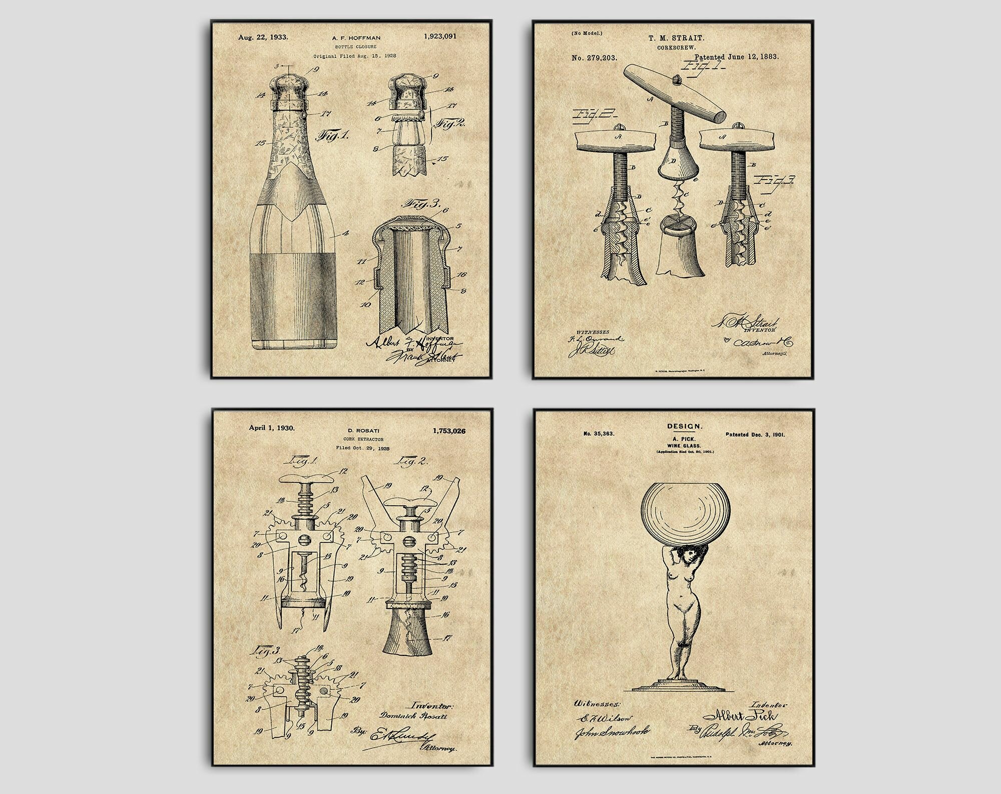 Набор постеров со старинными патентами "Вино, штопор, бокал" размер А4, без рамы. 4 репродукции винтажных патентов на тему вина для кухни или бара