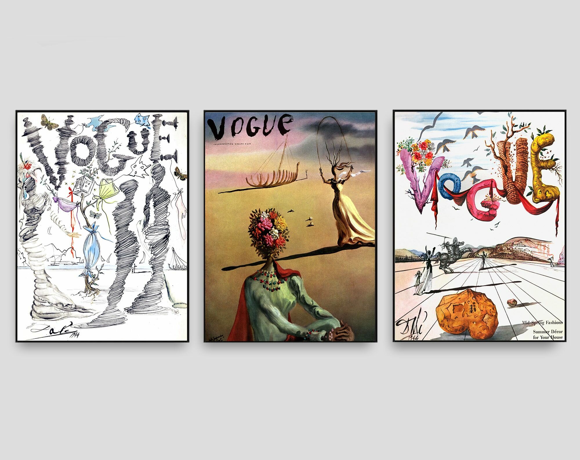 Набор интерьерных постеров "Модные Обложки Vogue" Сальвадор Дали размер А4, без рамы. 3 репродукции картин Salvador Dali в стиле сюрреализм.