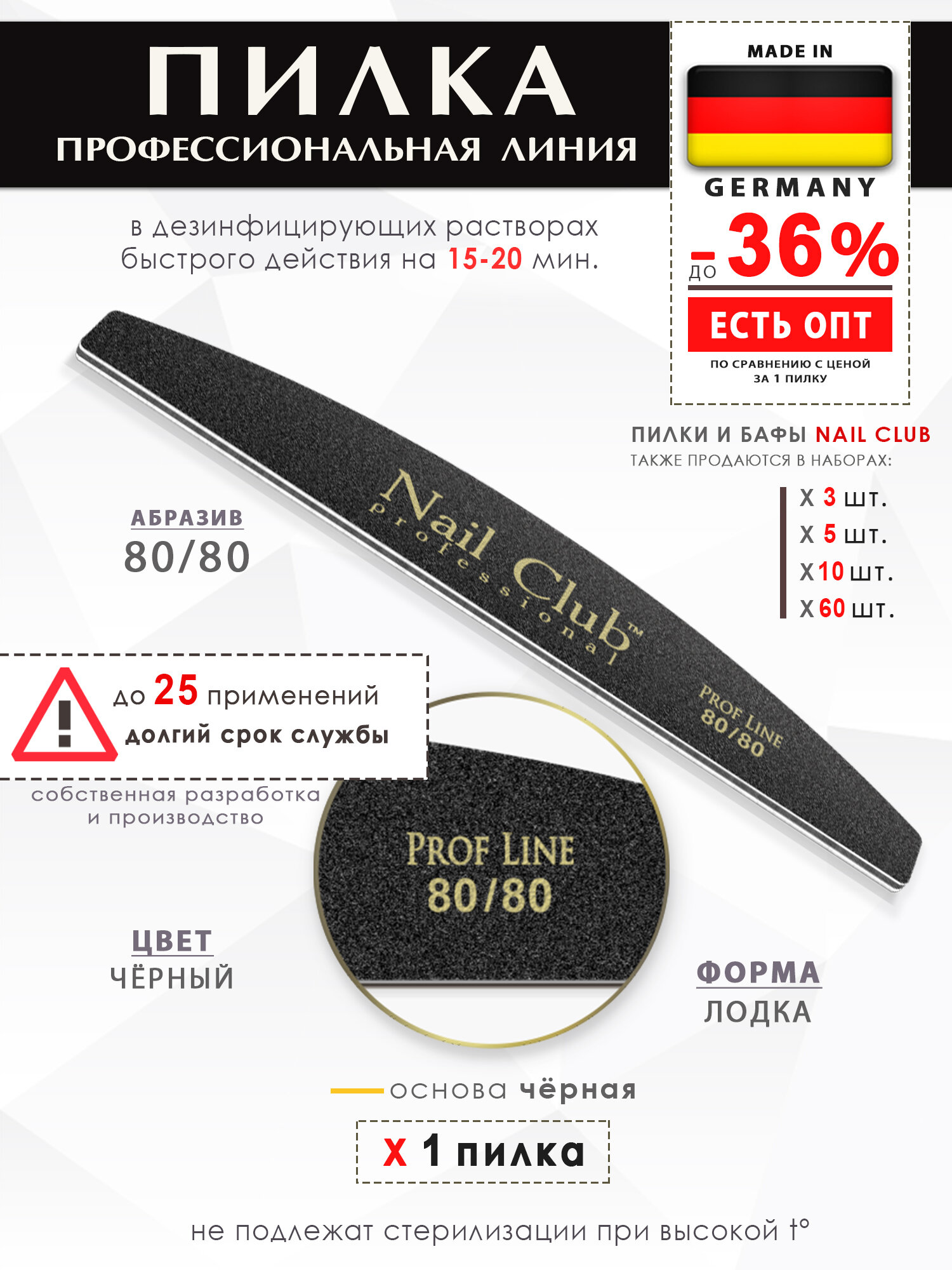 Nail Club Маникюрная пилка для опила ногтей чёрная PROF LINE лодка 80/80, 1 шт.