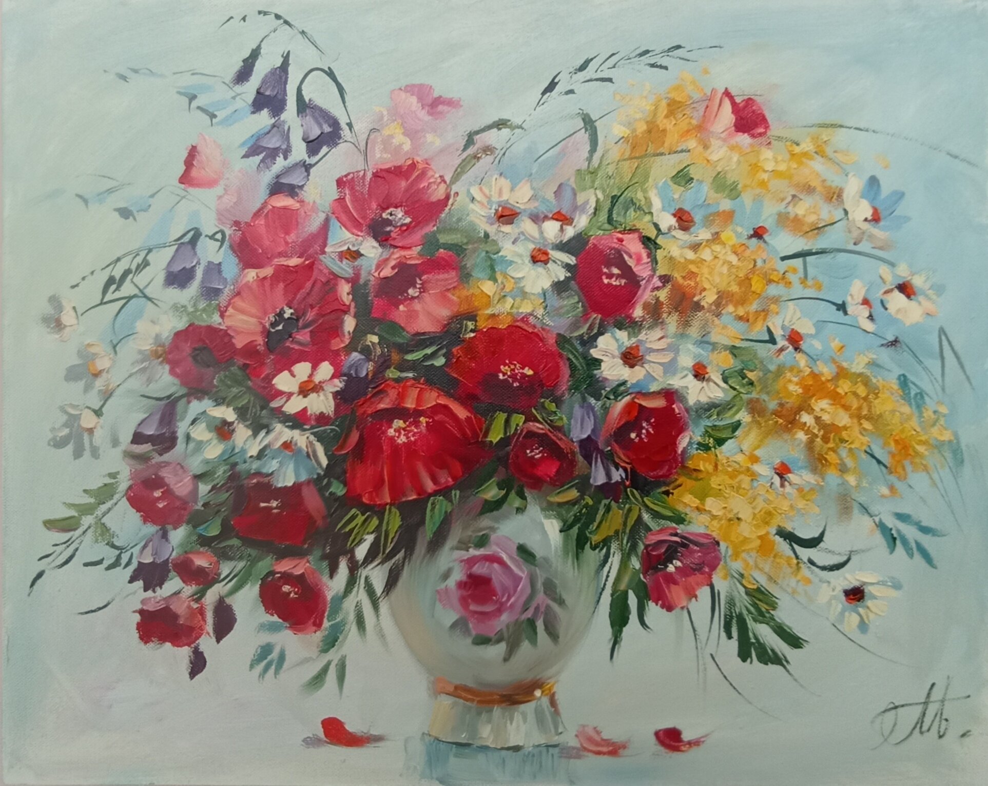 Картина масло/холст. 100% ручная работа, 100% живопись от Художественной мастерской Грёзы. Картина из серии "Полевые цветы". Букет полевых цветов с маками, ромашками и колокольчиками. Размер картины 40х50 см.