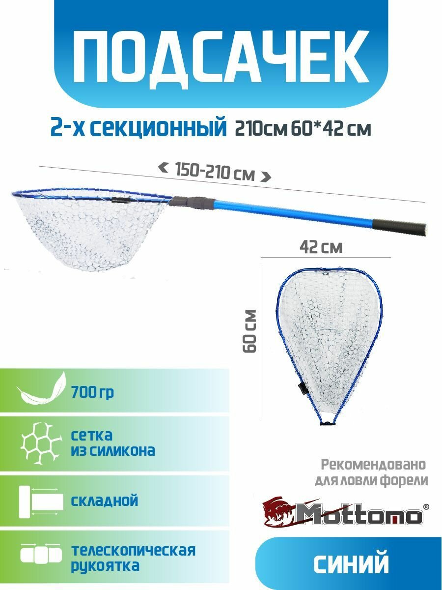 Подсак для рыбалки Mottomo 2-х секционный 210см 60*42*30см синий силиконовый для форели складной легкий