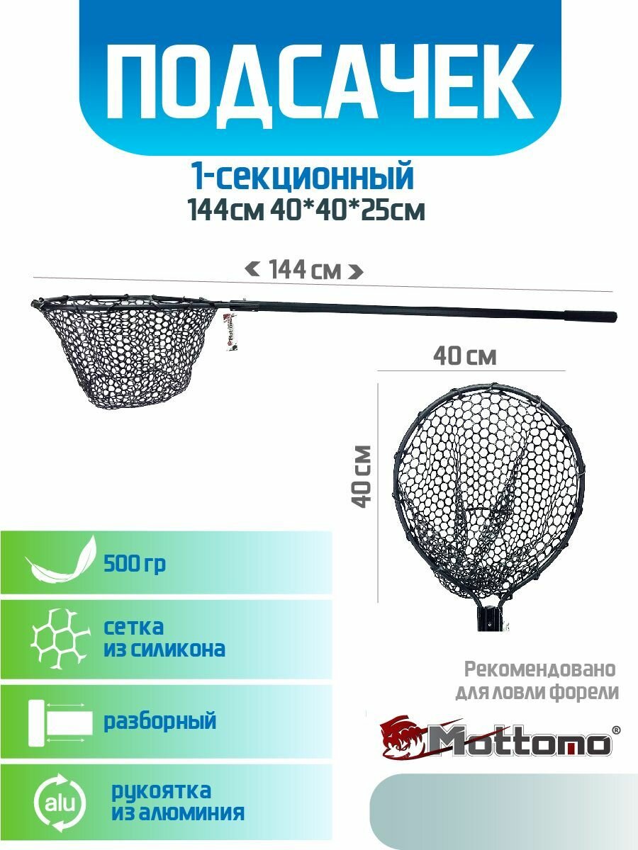Подсак для рыбалки Mottomo 1-х секционный 144см 40*40*25см силикон для щуки, судака, лодки