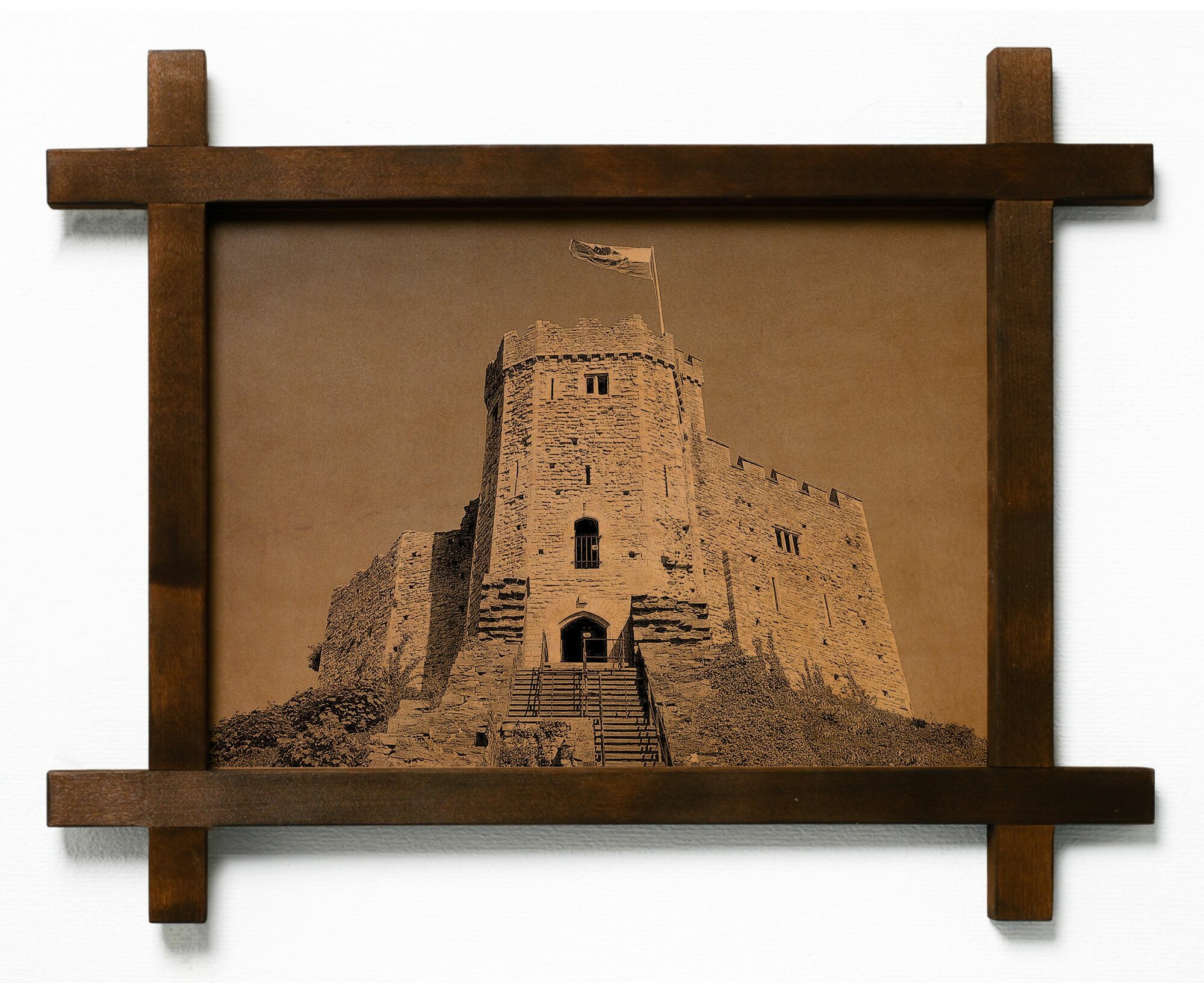 Интерьерная картина из натуральной кожи "Кардиффский замок, Уэльс", декоративное настенное панно в деревянной раме, BoomGift