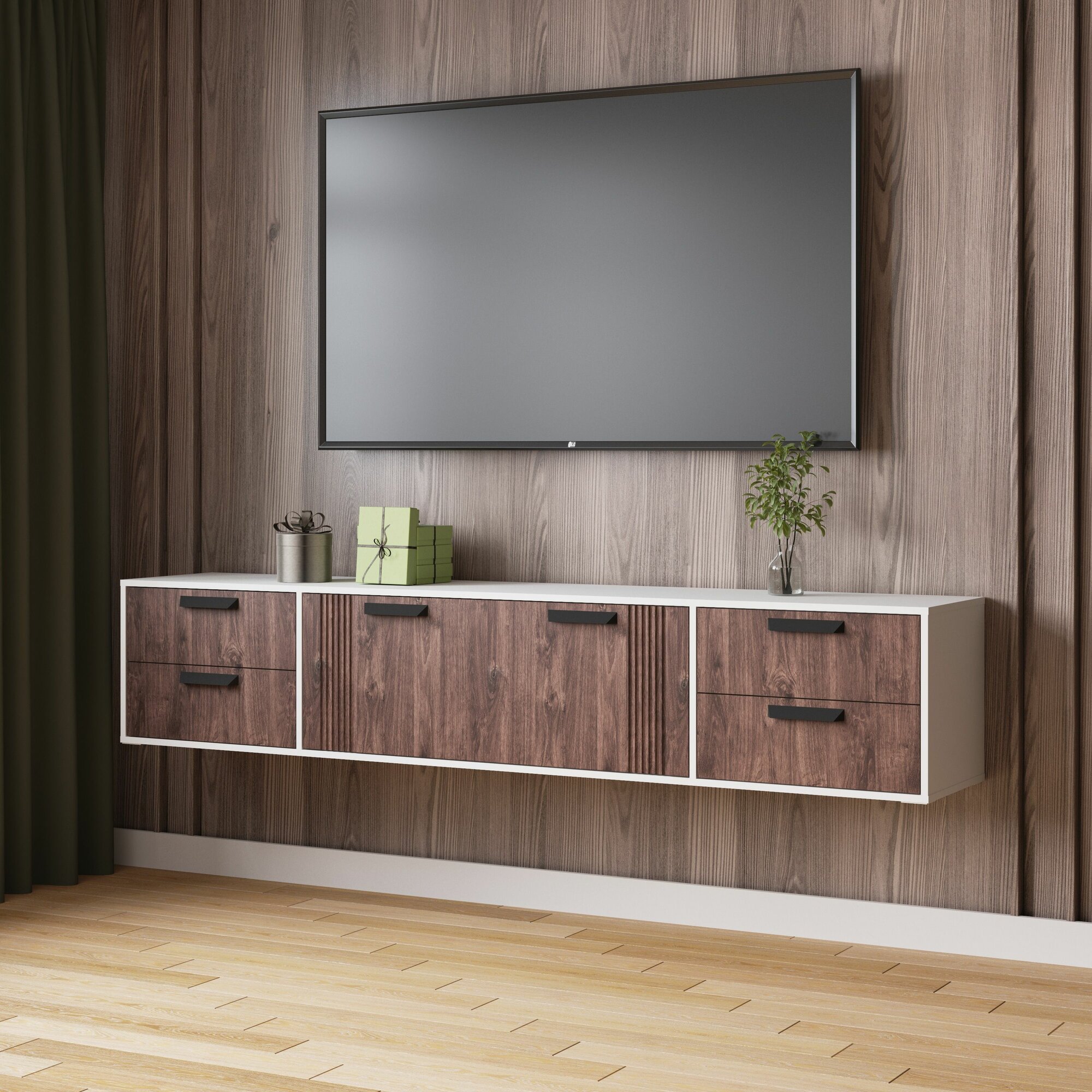 Тумба ТВ настенная Парус 12 ЛДСП Белый с теснением древесные поры МДФ ПВХ Палермо Бруно , с ящиками 427x2222x402 мебельный РАЙ