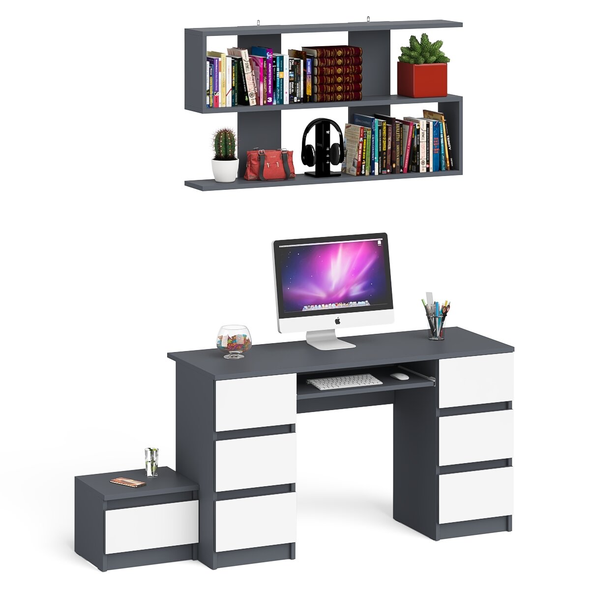 Ый стол компьютерный СВК Мори МС-2 с тумбочкой с ящиком и полкой графит/белый