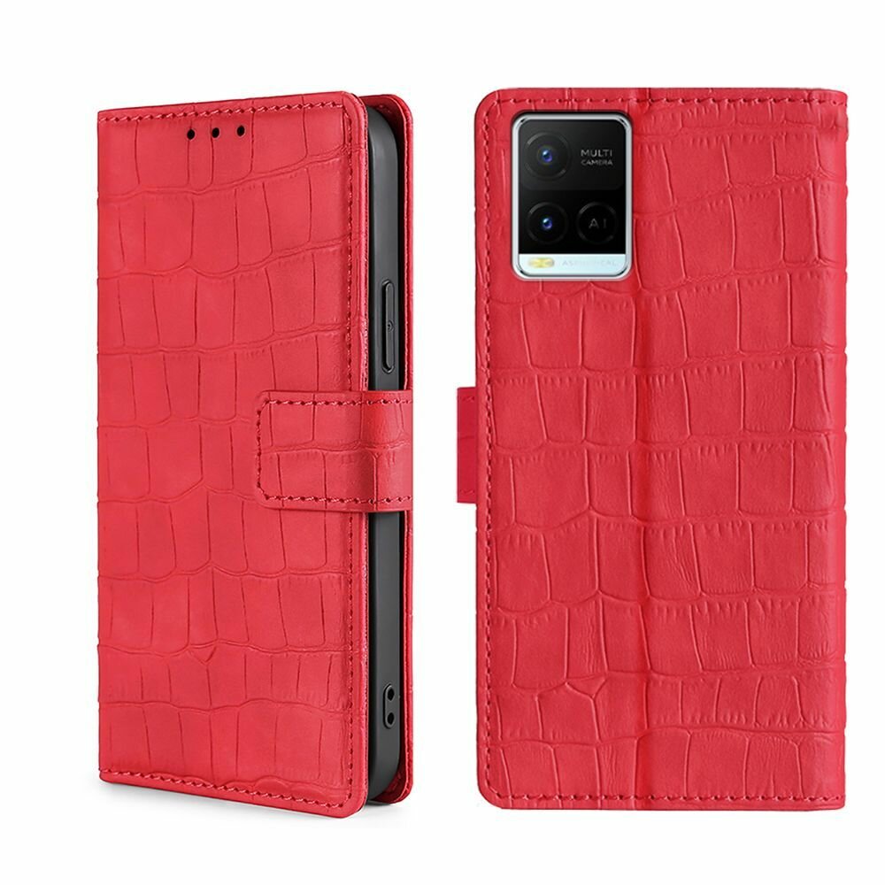Чехол-книжка MyPads для Vivo Y33s(V2109) / Y21(V2111) / Виво Y33s / Y21 красный крокодиловая кожа узор из крокодиловой кожи
