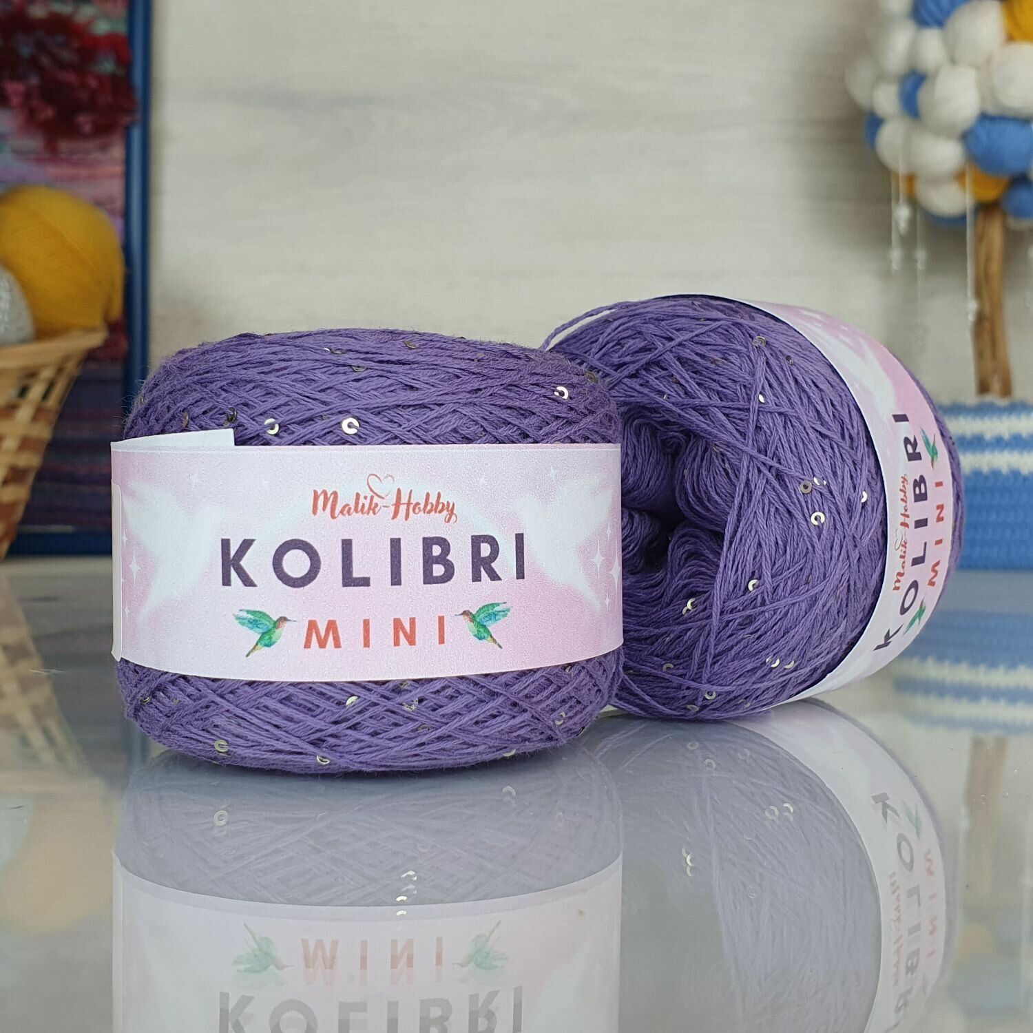 Пряжа MALIK HOBBY Колибри мини, т. сиреневый с золотыми пайетками - 017, 95% хлопок, 5% пайетки, 2 мотка, 50 г, 425 м.