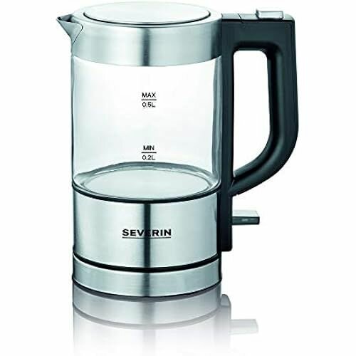 SEVERIN Mini Glass Kettle, мощный и компактный чайник, высококачественный дизайн, электрический чайник с фильтром от накипи, нержавеющая сталь/черный, WK 3472, 0,5 л