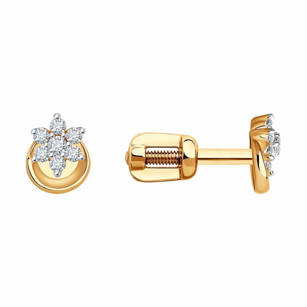 Серьги пусеты, красное золото, 585 проба, фианит