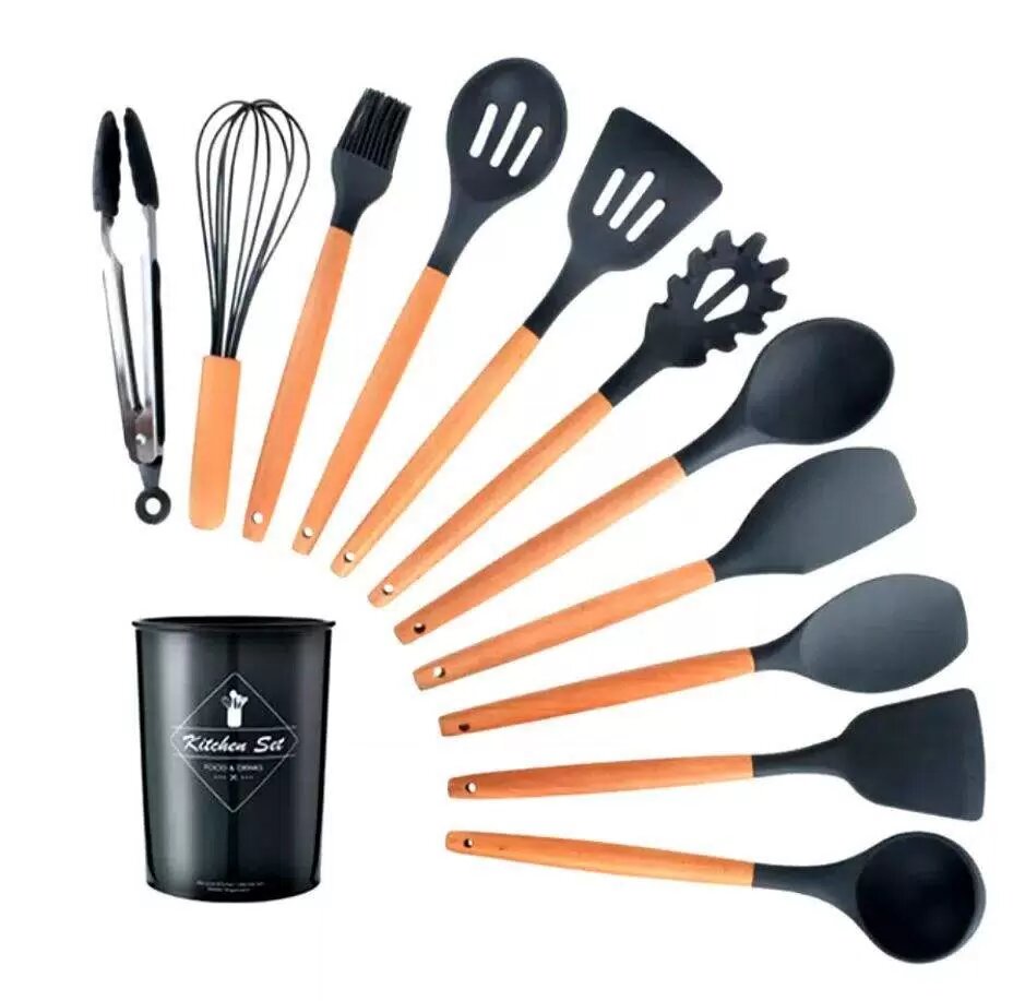 Набор кухонных принадлежностей KITCHEN SET, 12 предметов+подставка (чёрный)