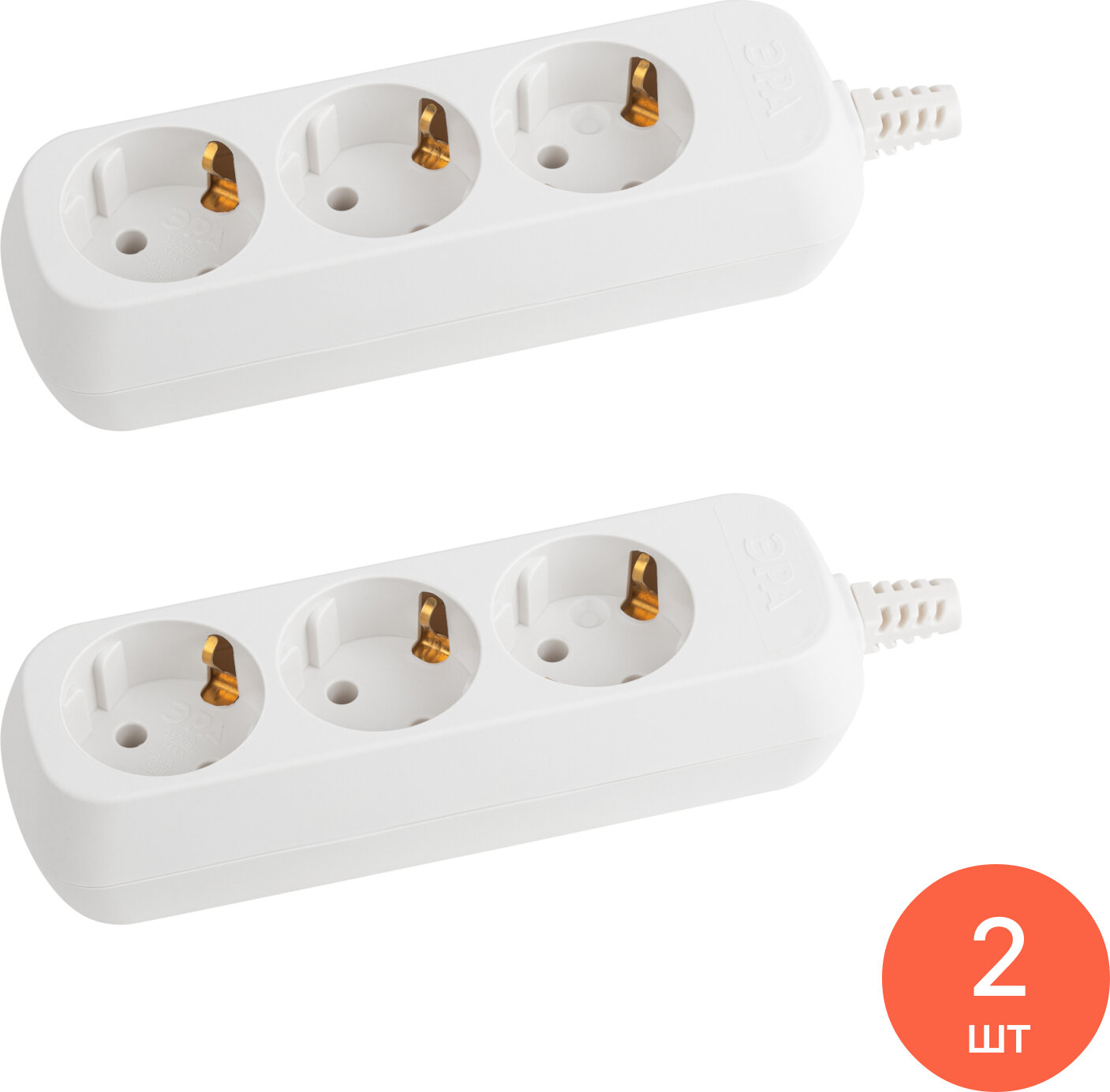 Блок розеток ЭРА KX-3e, 3 гнезда 16А 3500Вт IP20 с заземляющими контактами, белый Б0028338 / колодка электрическая для удлинителя (комплект из 2 шт)