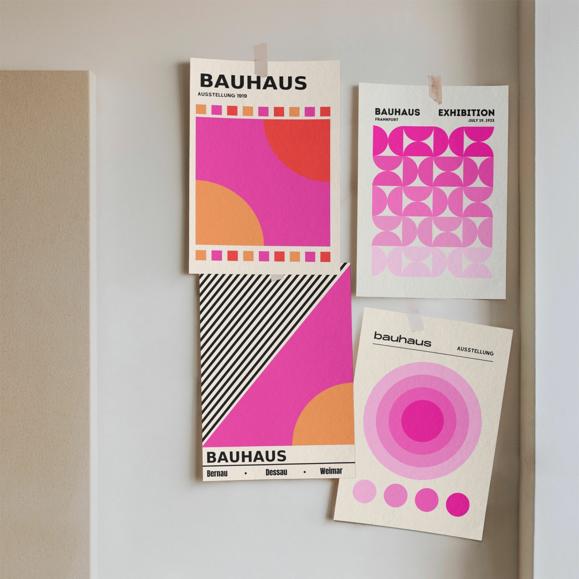 Набор интерьерных постеров на стену A4 "Bauhaus: Pink" Баухаус (4 шт)