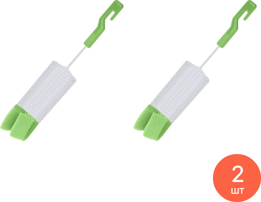 Ершик для бутылок MultiDom / МультиДом Комби с губкой, синтетическая щетина белый 26см / щетка для мытья посуды (комплект из 2 шт)