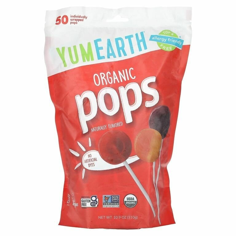 YumEarth, Organic Pops, Органические леденцы на палочке, ассорти вкусов, 50 леденцов