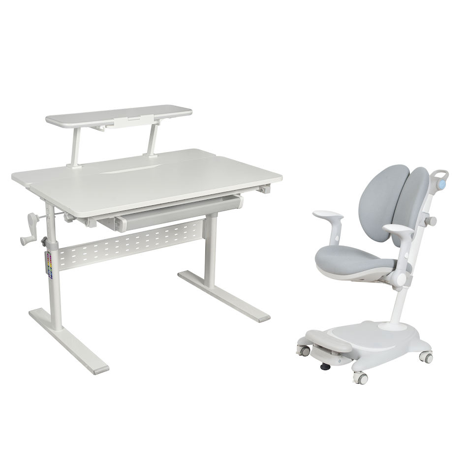 Парта FUNDESK "Colore Grey", растущая, с креслом Arnica Grey, полкой ss16 и ящиками, серая
