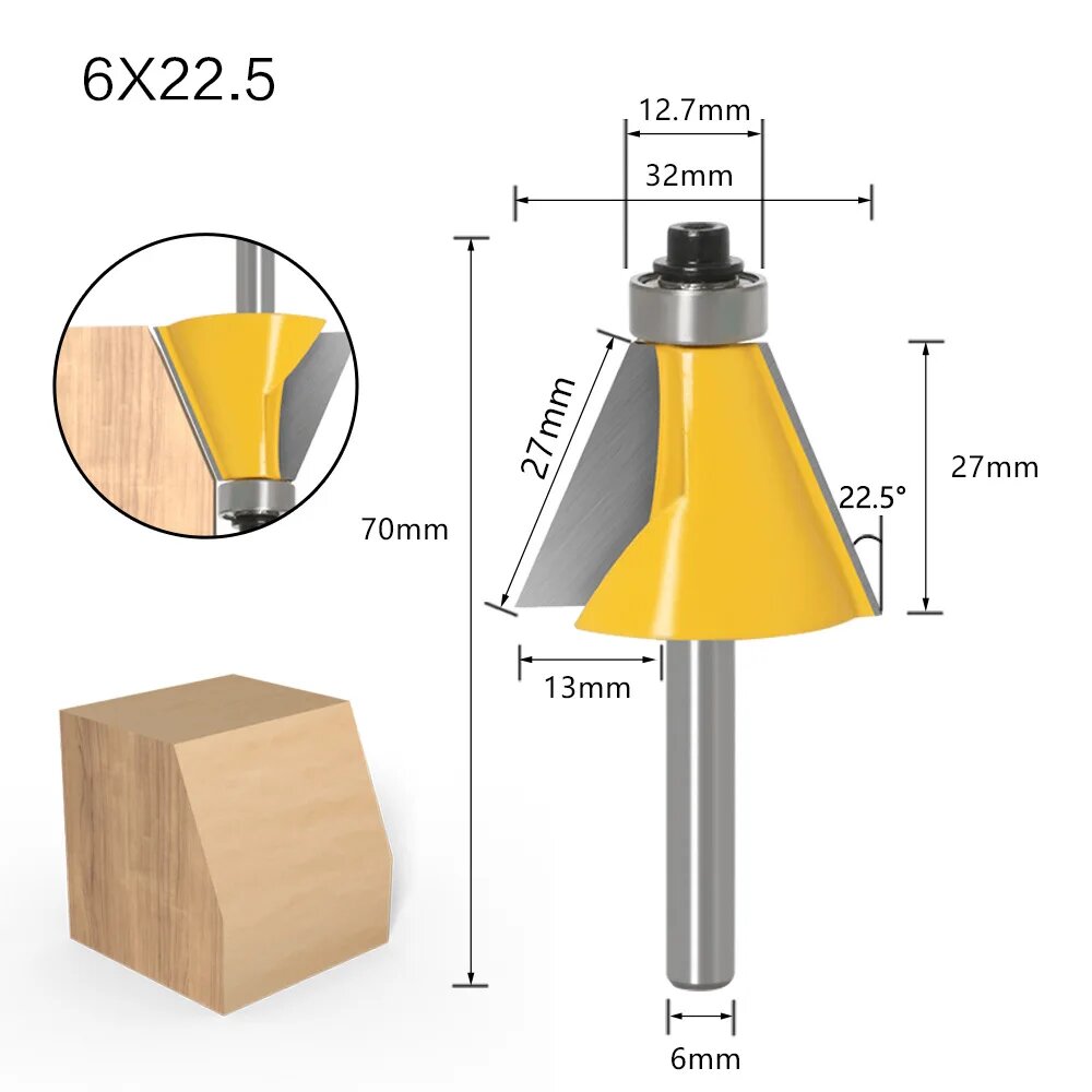 Фреза с фаской 6 мм, 6,35 мм, 8 мм, 12 мм, 12,7 мм, фреза для деревообработки, 15 градусов, 22,5 градусов, фреза со скосом 30 градусов 6mm shank-22.5deg