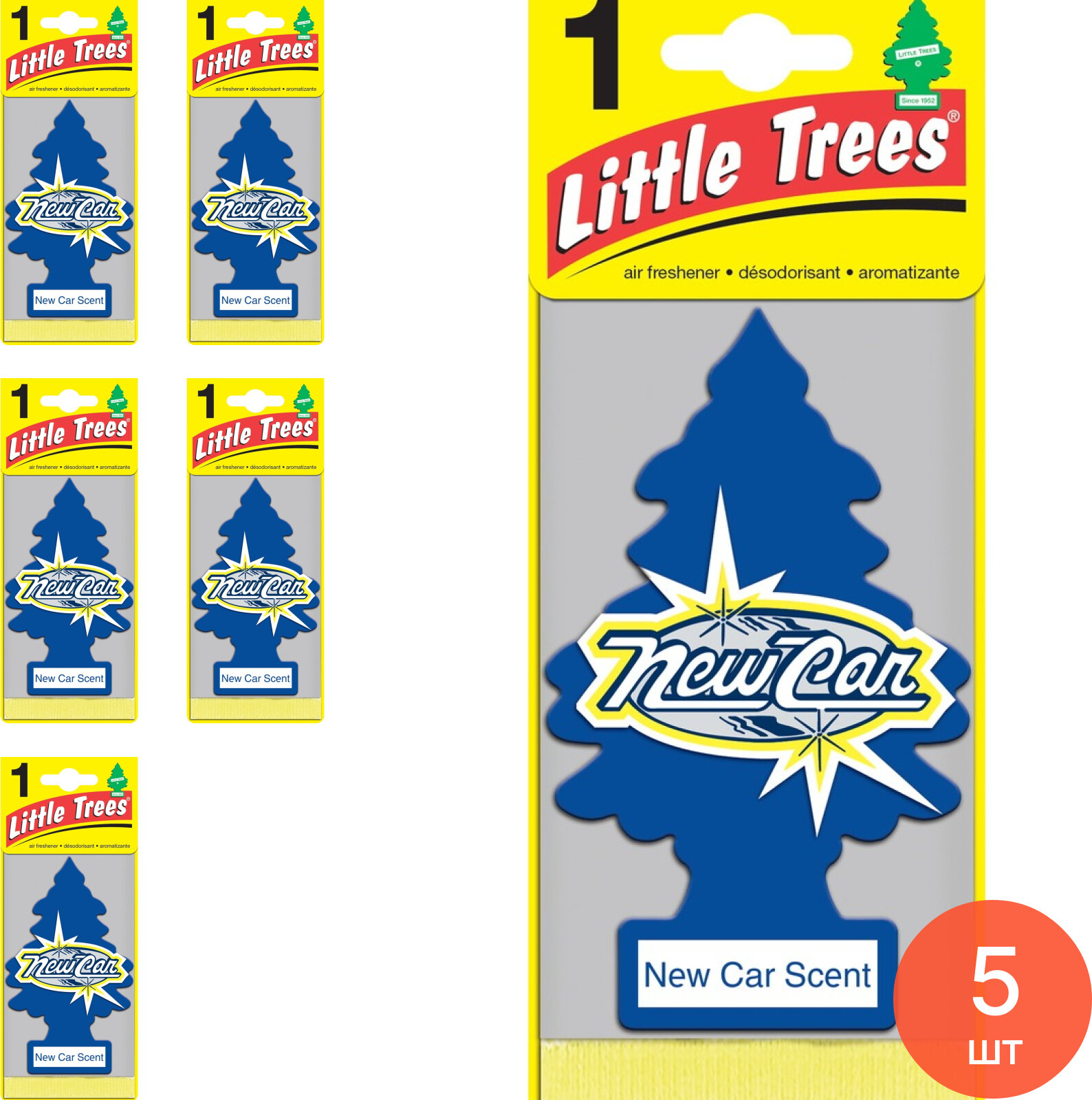 Ароматизатор автомобильный Little Trees / Литтл Трис Ёлочка New Car Scent подвесной, новая машина / автотовары (комплект из 5 шт)