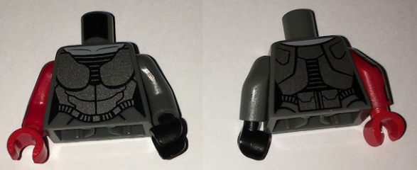 Torso Batman Female Armor Silver Plate Pattern / Dark Bluish Gray Arm and Black Hand Left / Red Arm with Armor Pattern and Red Hand Right, 973pb2409c01 Dark Bluish Gray U