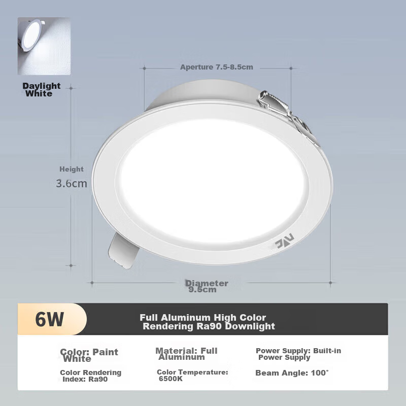 NVC LED Downlight for Living Room, Bedroom, Hallway, Recessed Ceiling Light, All-Aluminum, 6W, Painted White, Cool White, Cut-Out 75mm