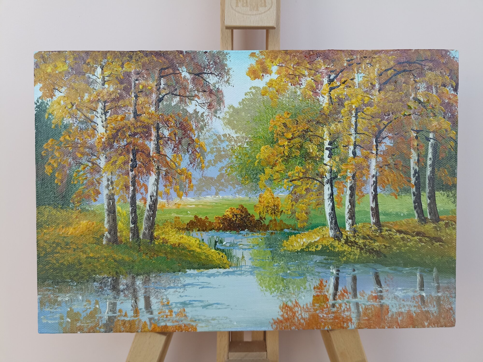 100% ручная работа, 100% живопись. Худ. Мастерская Грëзы. Картина масло/холст. Осенний пейзаж. Река. Берёзки. 20х30 см.