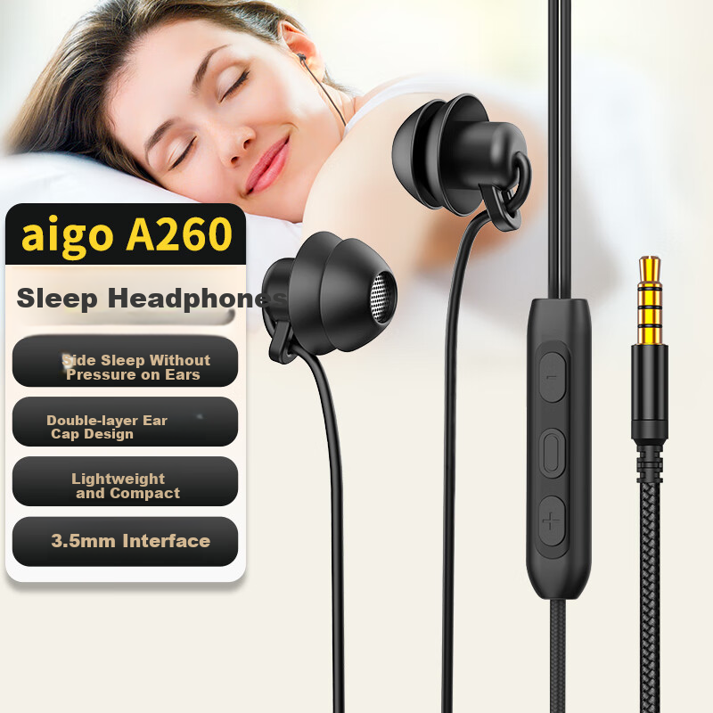 Aigo Sleep Earphones In-Ear Sleep Earplugs Side Sleep Pressure-Free Wired Earphones for Sleeping, Running, Music, Compatible with Android Phones