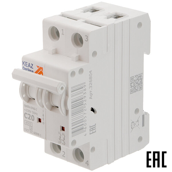 Автоматический выключатель OptiDin КЭАЗ 20А/2п/ 4,5кА на Din-рейку 326804 ВМ-63-2C20