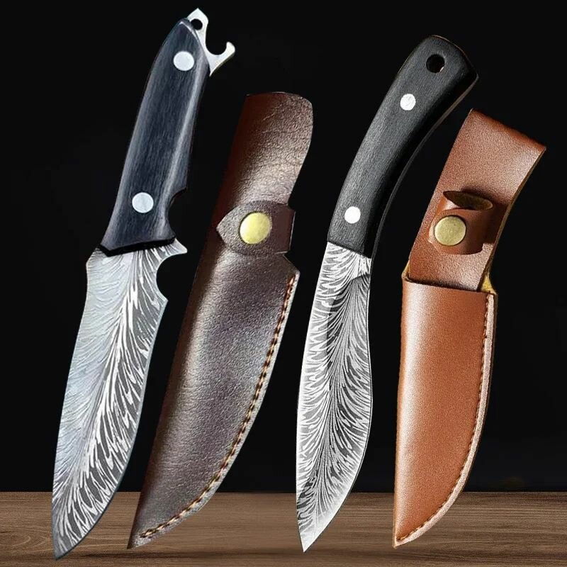 1-3pcs Нож охотничий, Нож туристический, сталь дамаск, с кожаным чехлом