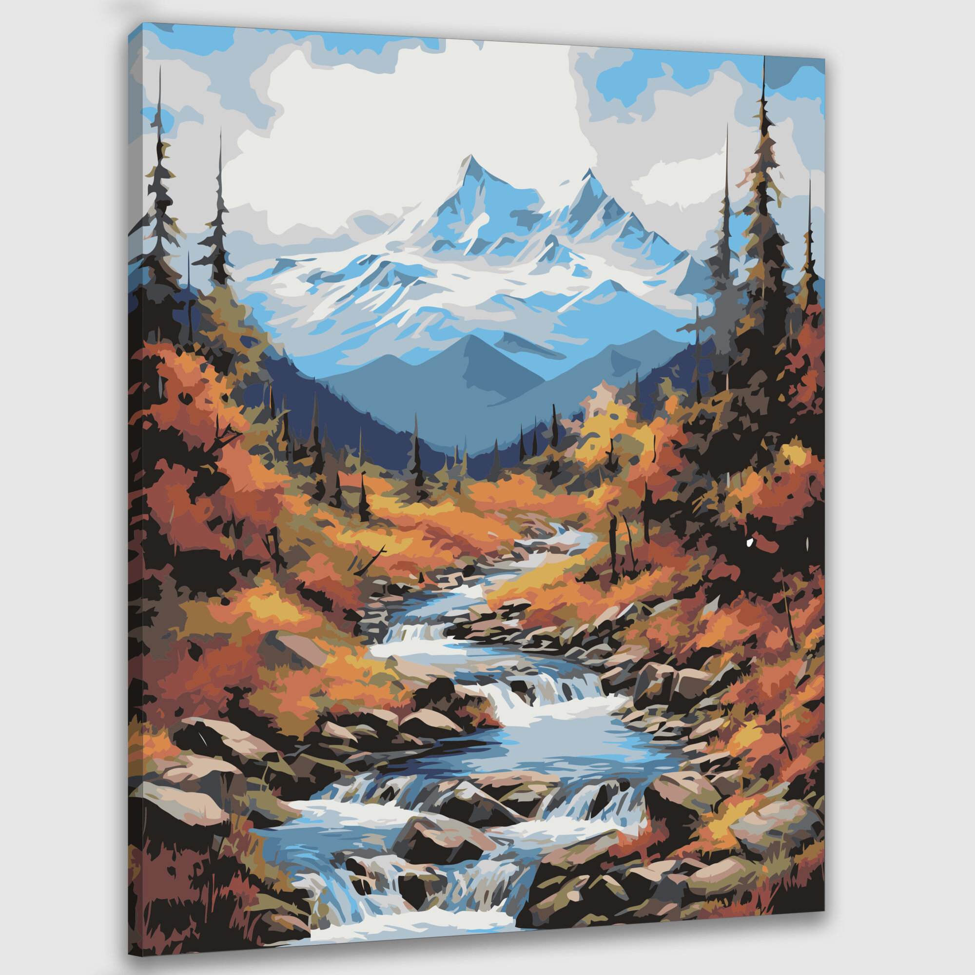 Картина по номерам 40x50 см, картина, масло, пейзаж, горный хребет, река, осенняя листва, детализация, разноцветный