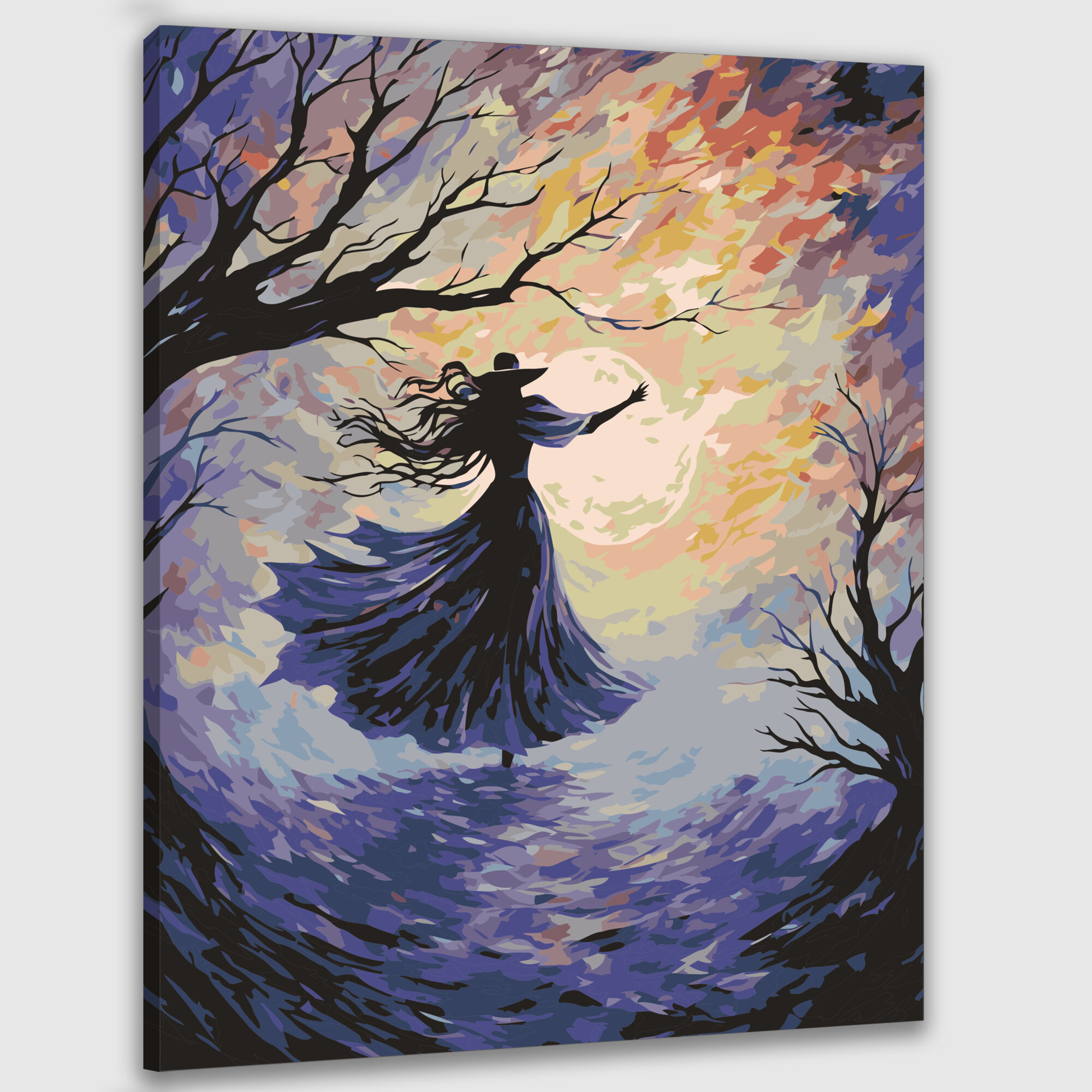 Картина по номерам 40x50 см, картина маслом, ведьма, метла, лунная ночь, темный плащ, черные деревья, пурпурные тона
