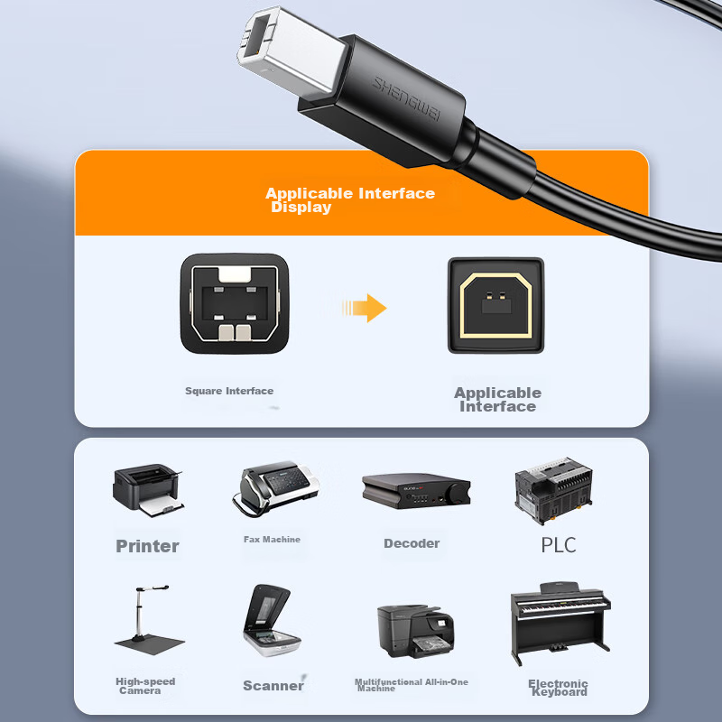 Shengwei Printer Data Cable, USB 2.0 High-Speed Printing Cable, Power Interface Connection Cable, Universal for HP, Canon, Epson Printers, Black, 3 Meters, AUB1030G