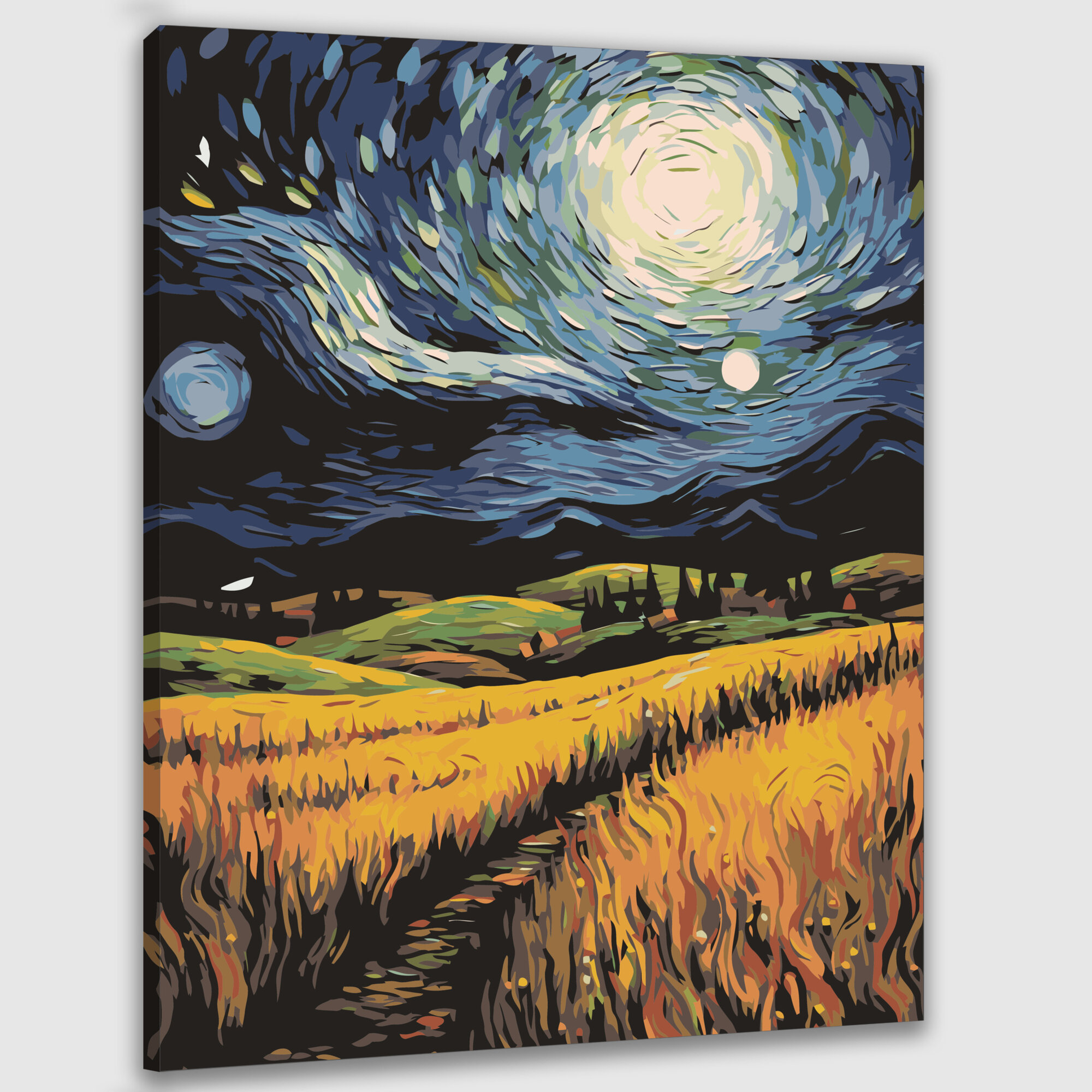 Картина по номерам 40x50 см, картина, Ван Гог, пейзаж, золотистые поля, пшеница, холмы, звездное небо