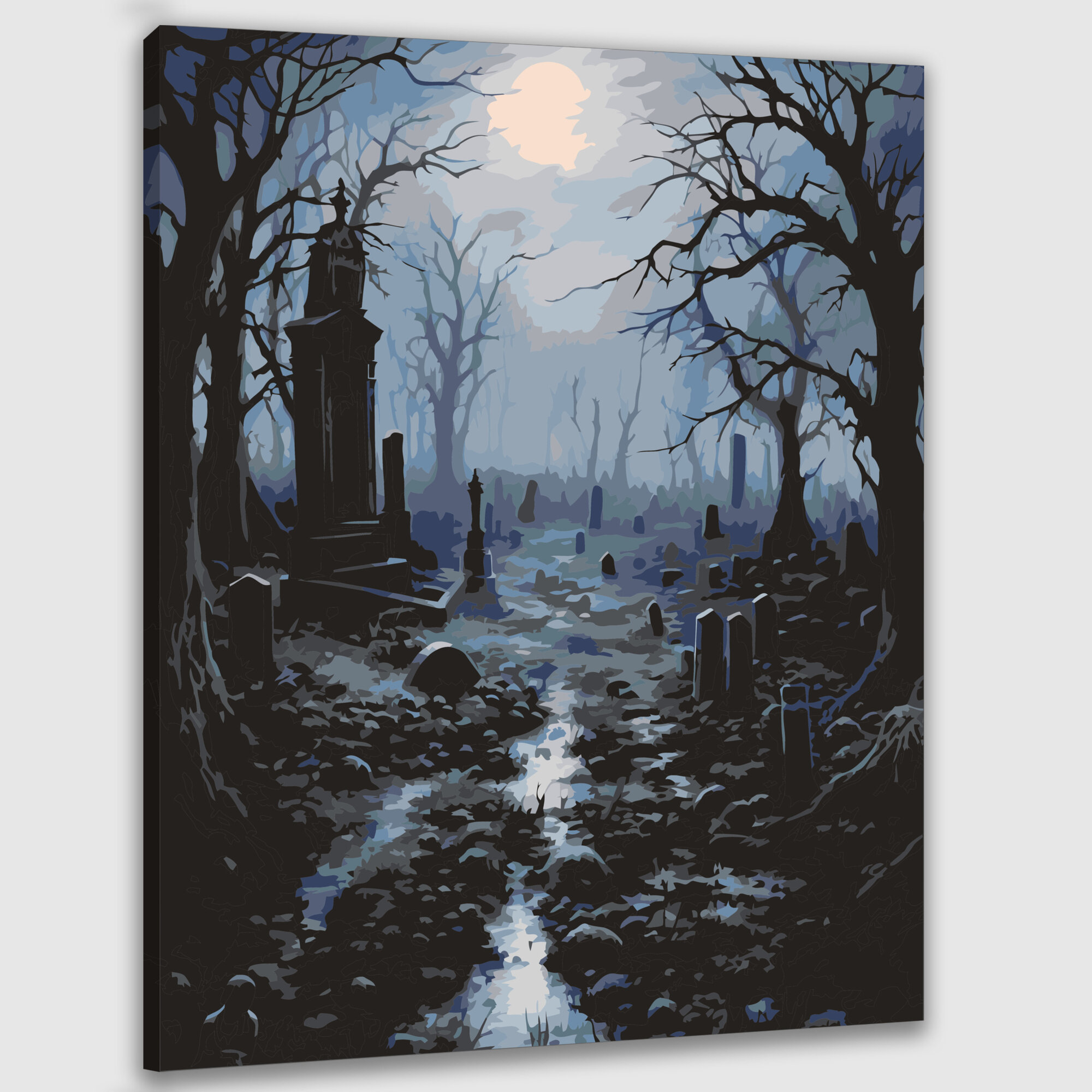Картина по номерам 40x50 см, картина, масло, лунный свет, кладбище, туман, сияние, деревья, ветви, надгробные плиты